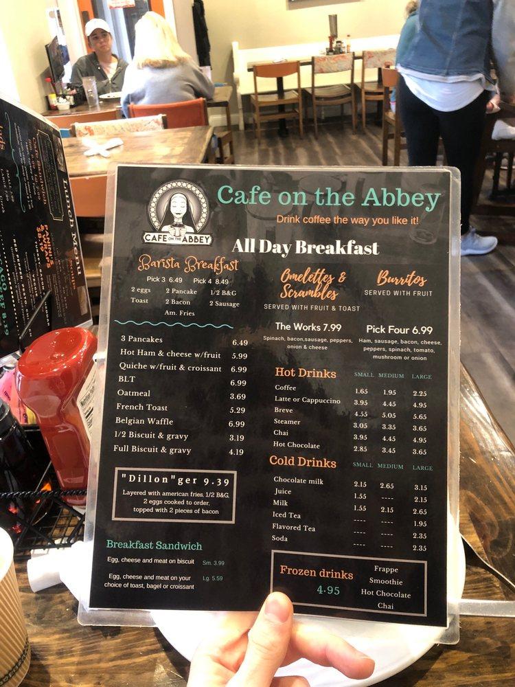 Menu at Café on the Abbey cafe, Columbia