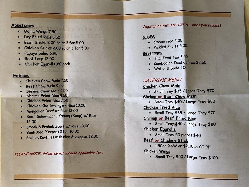 Menu at Cambodian Street Food restaurant, Oakland