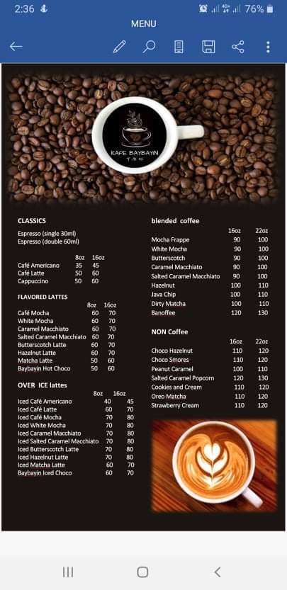 Menu at Kape Baybayin, Manila