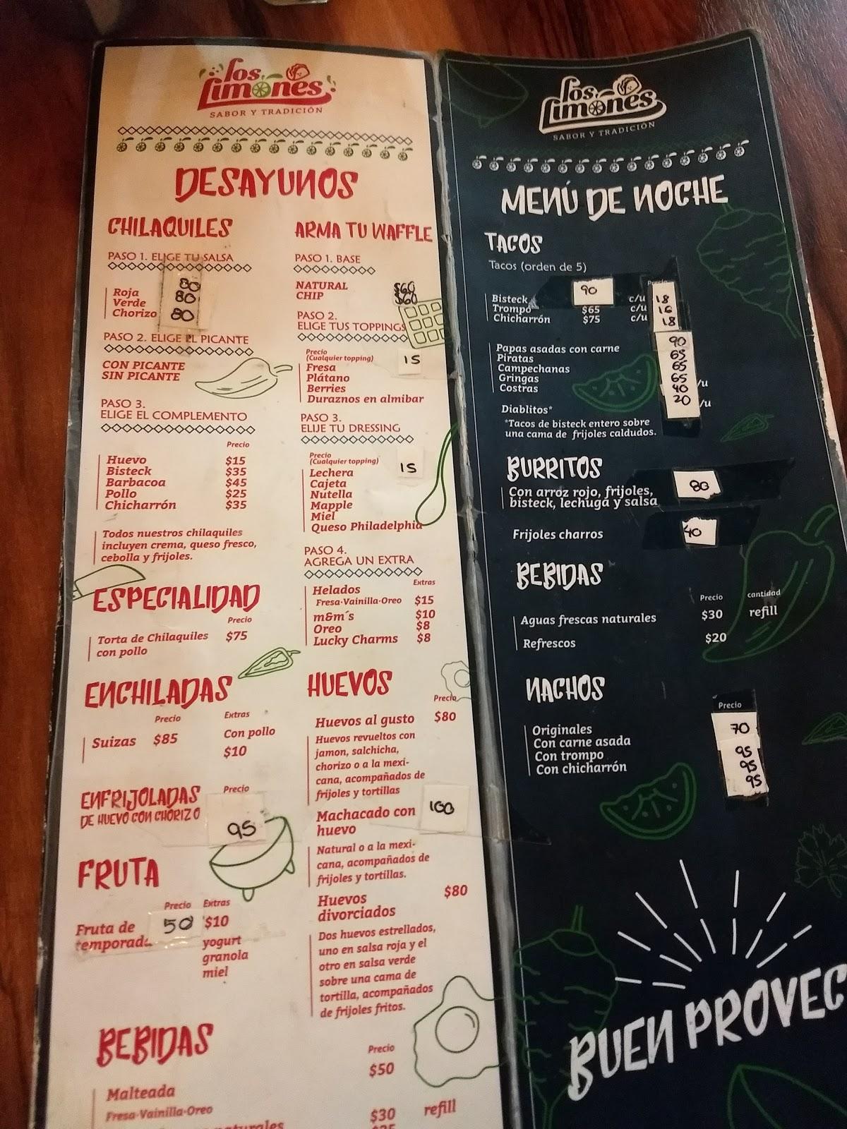 Menu at Los limones restaurant, San Nicolás de los Garza