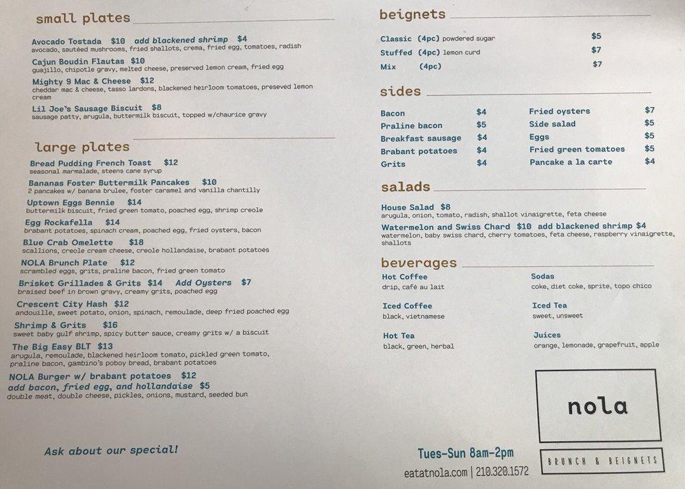 Menu at NOLA Brunch & Beignets desserts, San Antonio