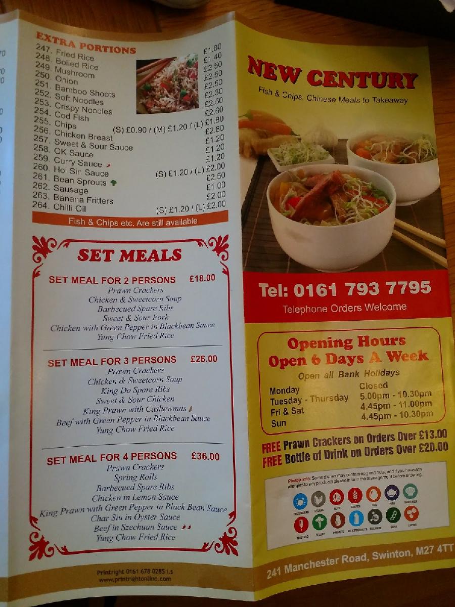 Menu at New Century restaurant, Manchester, 241 Manchester Rd