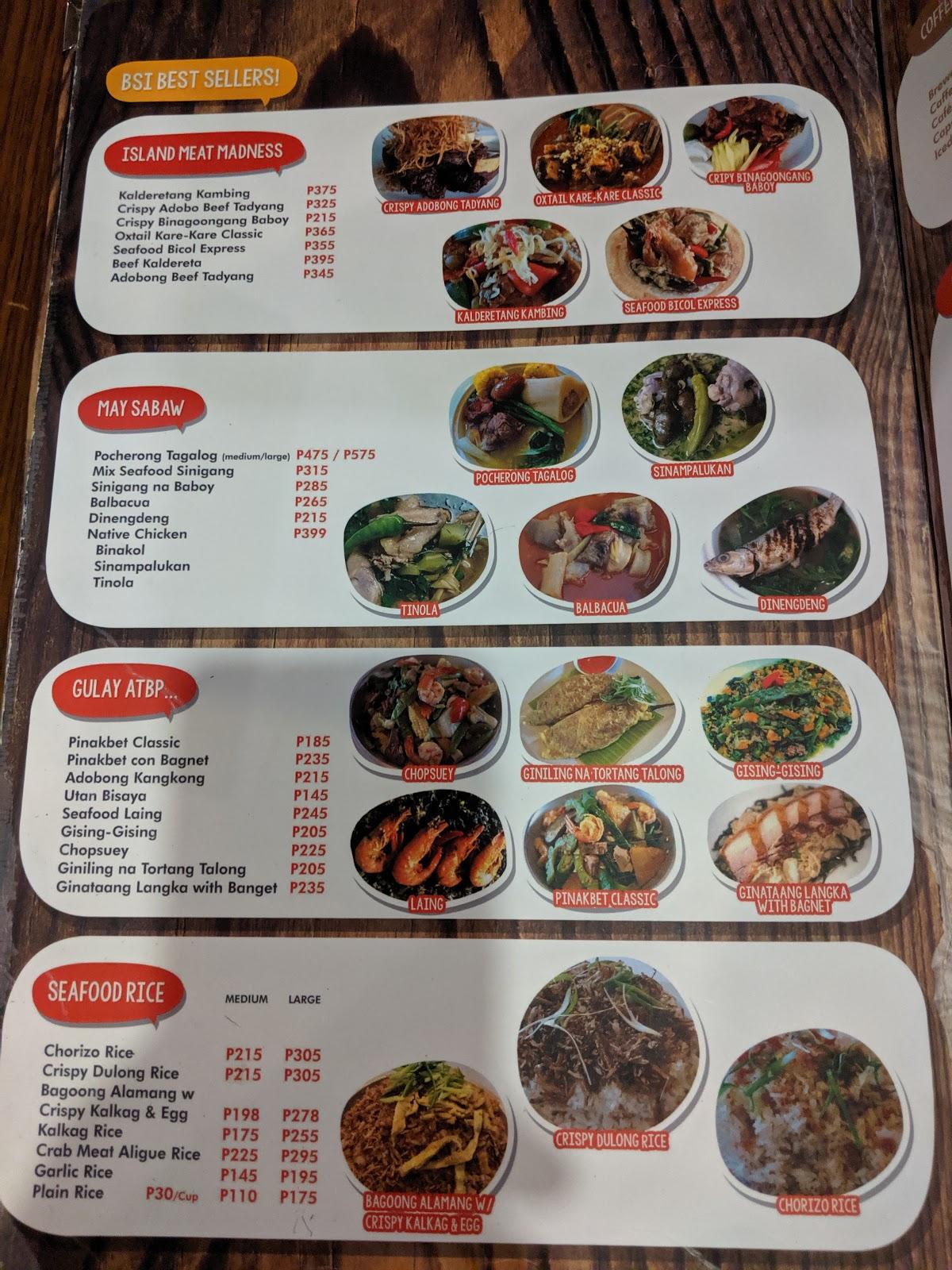 Menu at Seafood Island’s Crab House restaurant, Cebu City, Ayala Mall