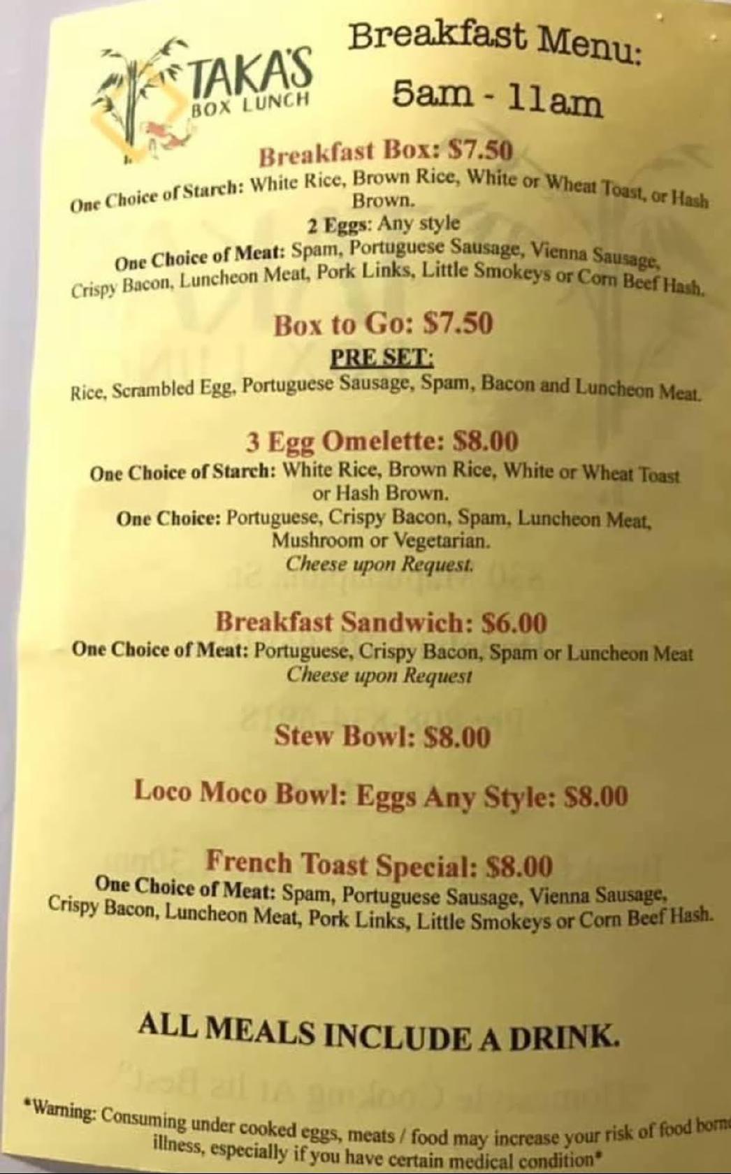 Menu at TAKA'S BOX LUNCH restaurant, Honolulu