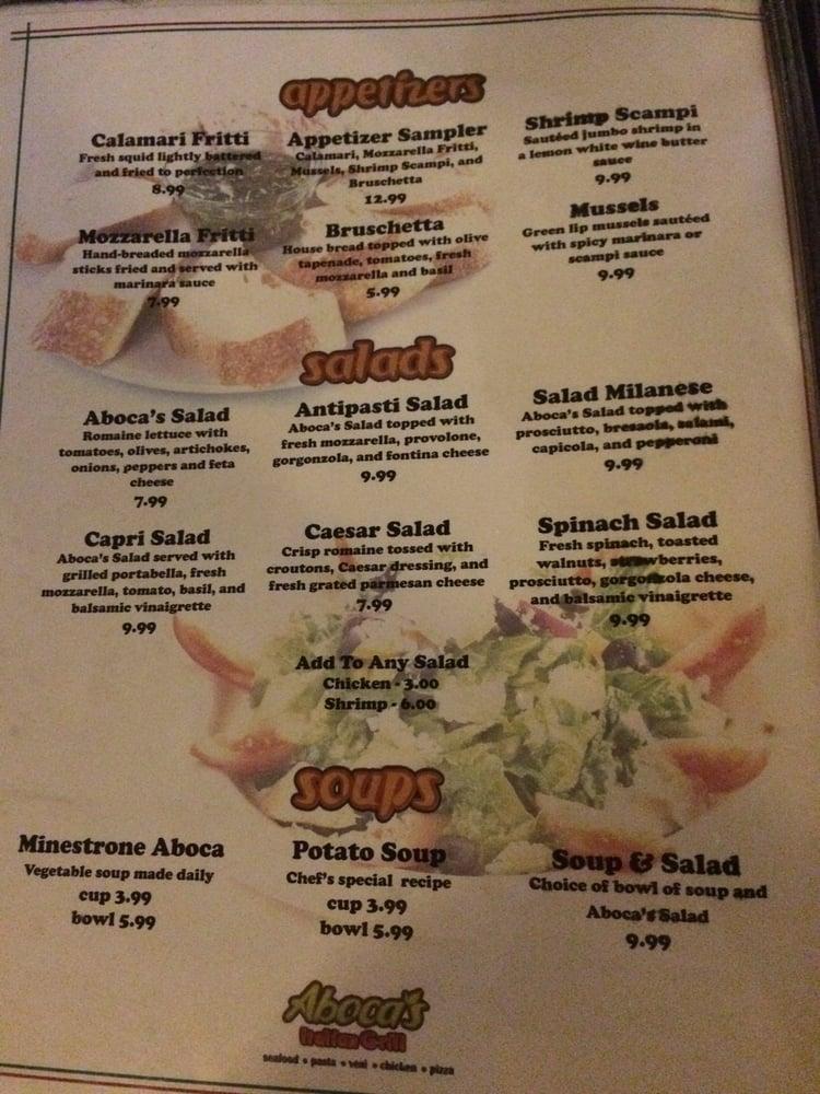 Menu at Aboca's Italian Grill pizzeria, Richardson