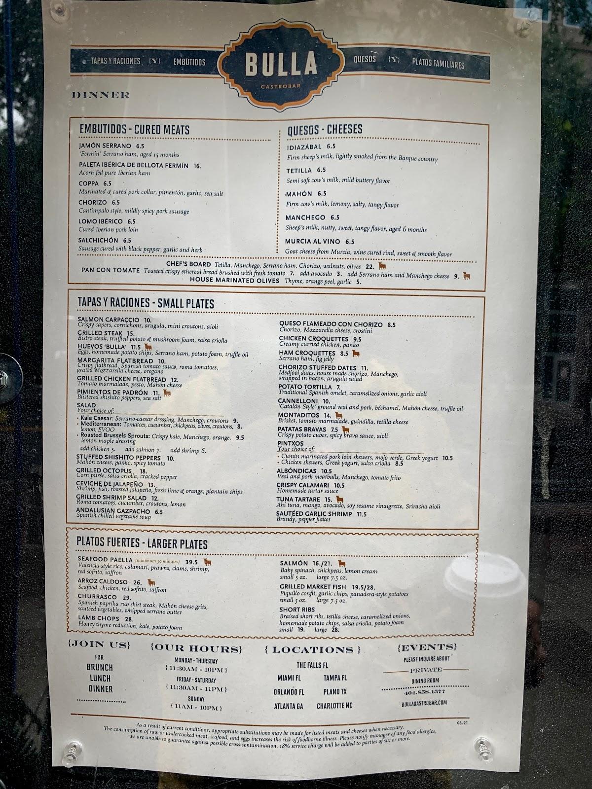 Menu at Bulla Gastrobar, Atlanta