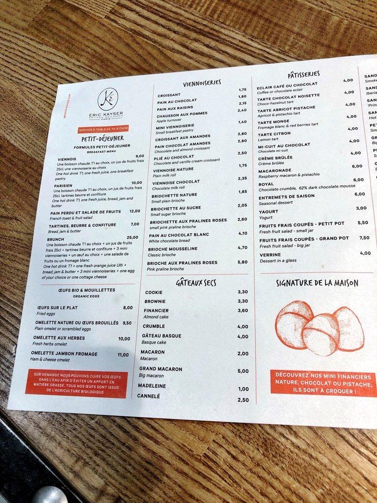 Carta del restaurante Éric Kayser, Paris, 33 Rue Danielle Casanova