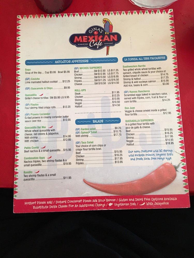 Menu au Gina's Mexican Cafe, Nanaimo