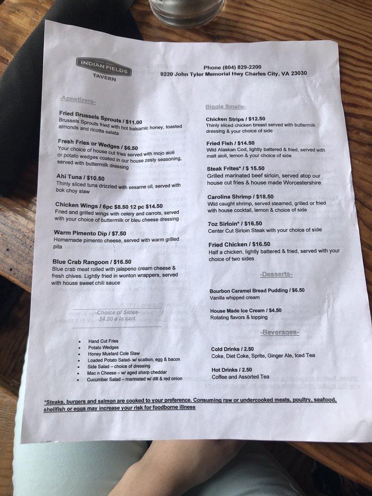 Menu at Indian Fields Tavern pub & bar, Charles City