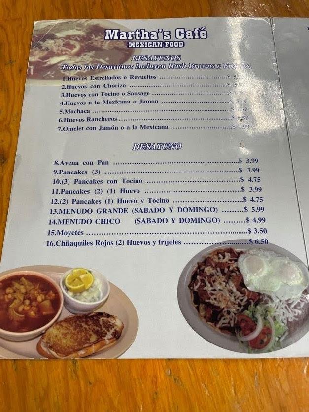 Menu at Martha's Café restaurant, El Paso