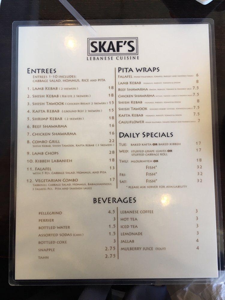 Menu at Skaf's Lebanese Cuisine restaurant, Glendale, 367 N Chevy Chase Dr
