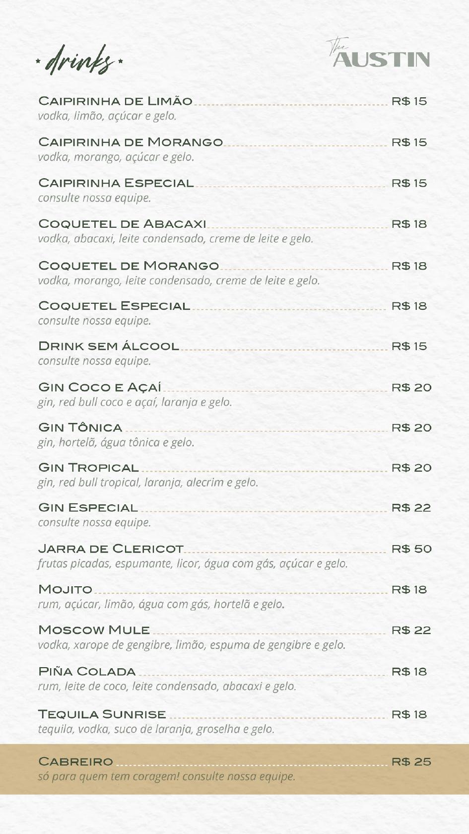 Menu at The Austin pub & bar, Erechim