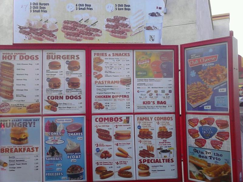 Menu at Wienerschnitzel fast food, Compton, Rosecrans Ave