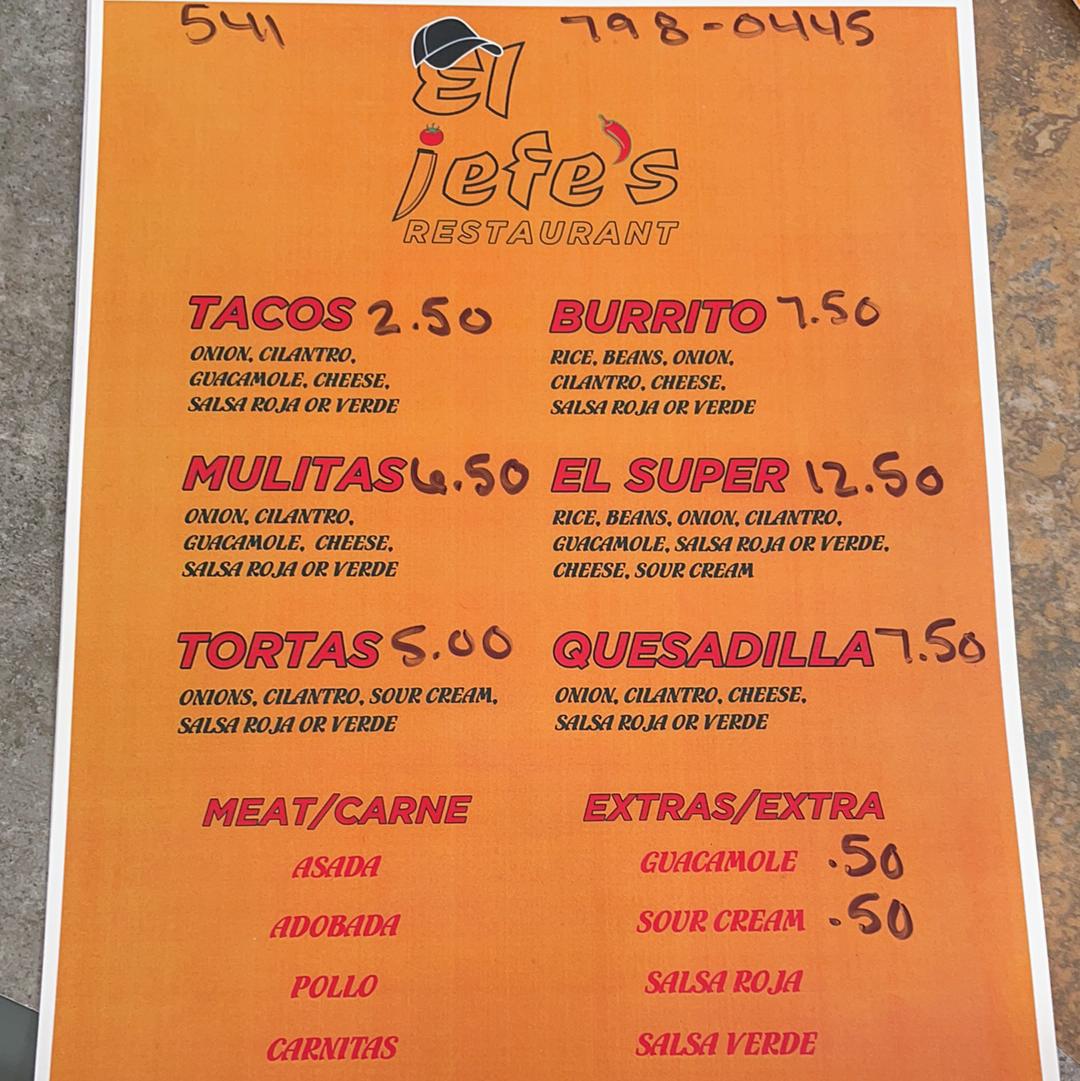 Menu at El Jefe's restaurant, Merrill
