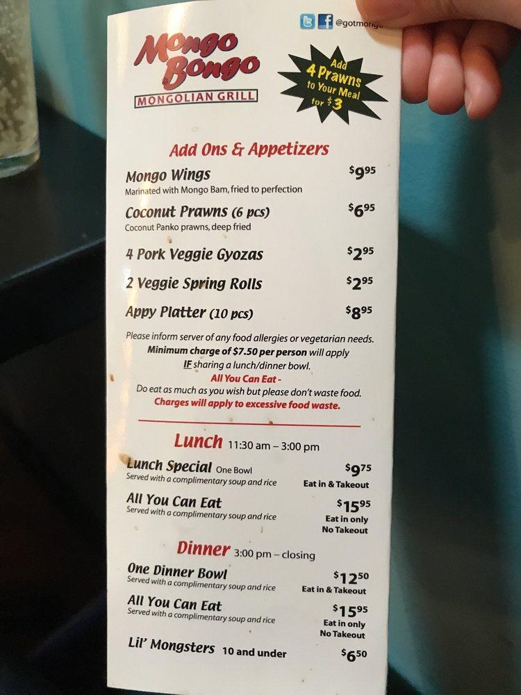Menu at Mongo Bongo Mongolian Grill restaurant, New Westminster