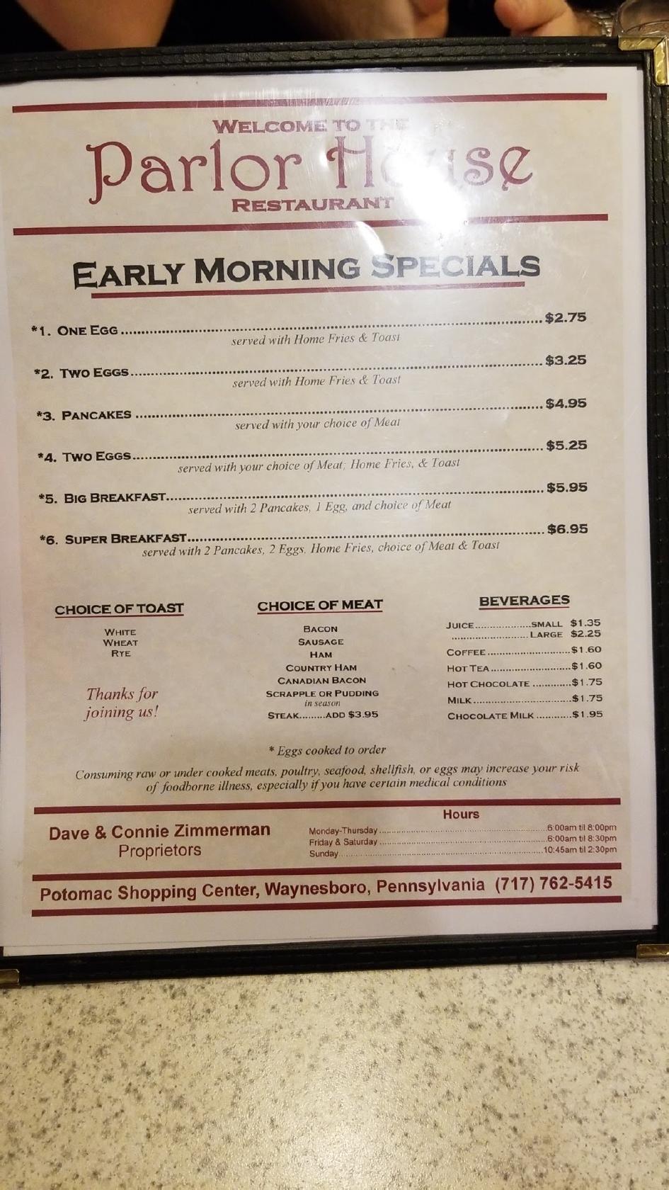 Menu at Parlor House restaurant, Waynesboro