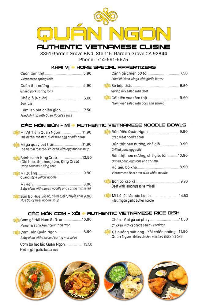 Menu at Quán Ngon restaurant, Garden Grove
