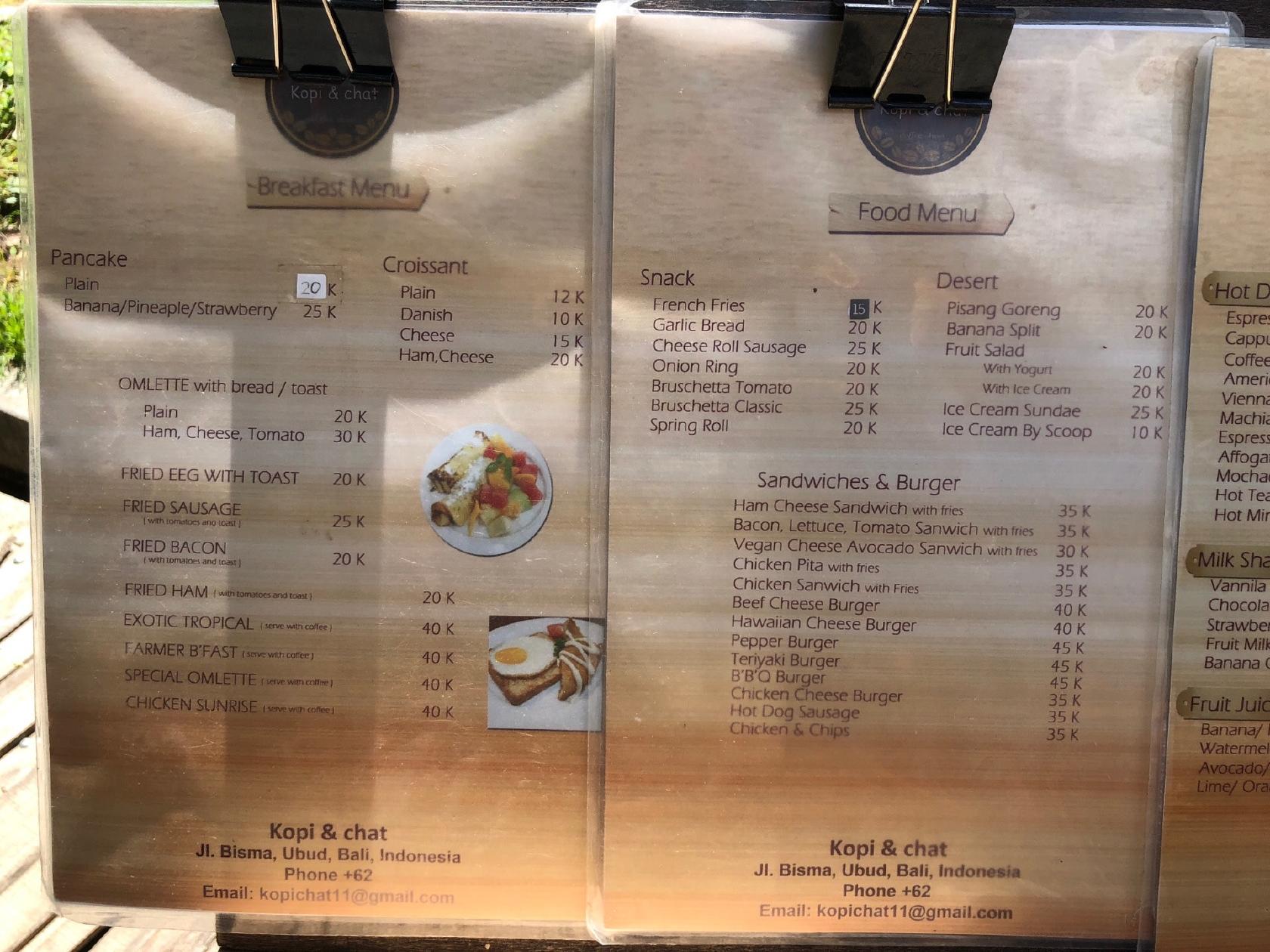 Menu at Sip & Chat, Ubud