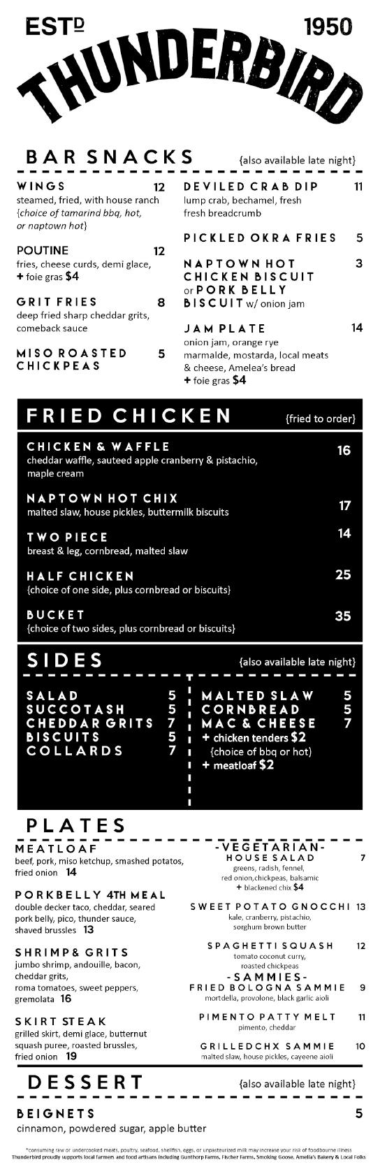 Menu at Thunderbird pub & bar, Indianapolis