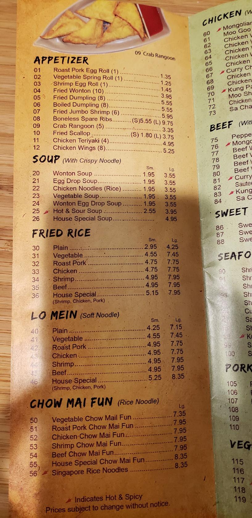 Menu at China House restaurant, Cedar Lake