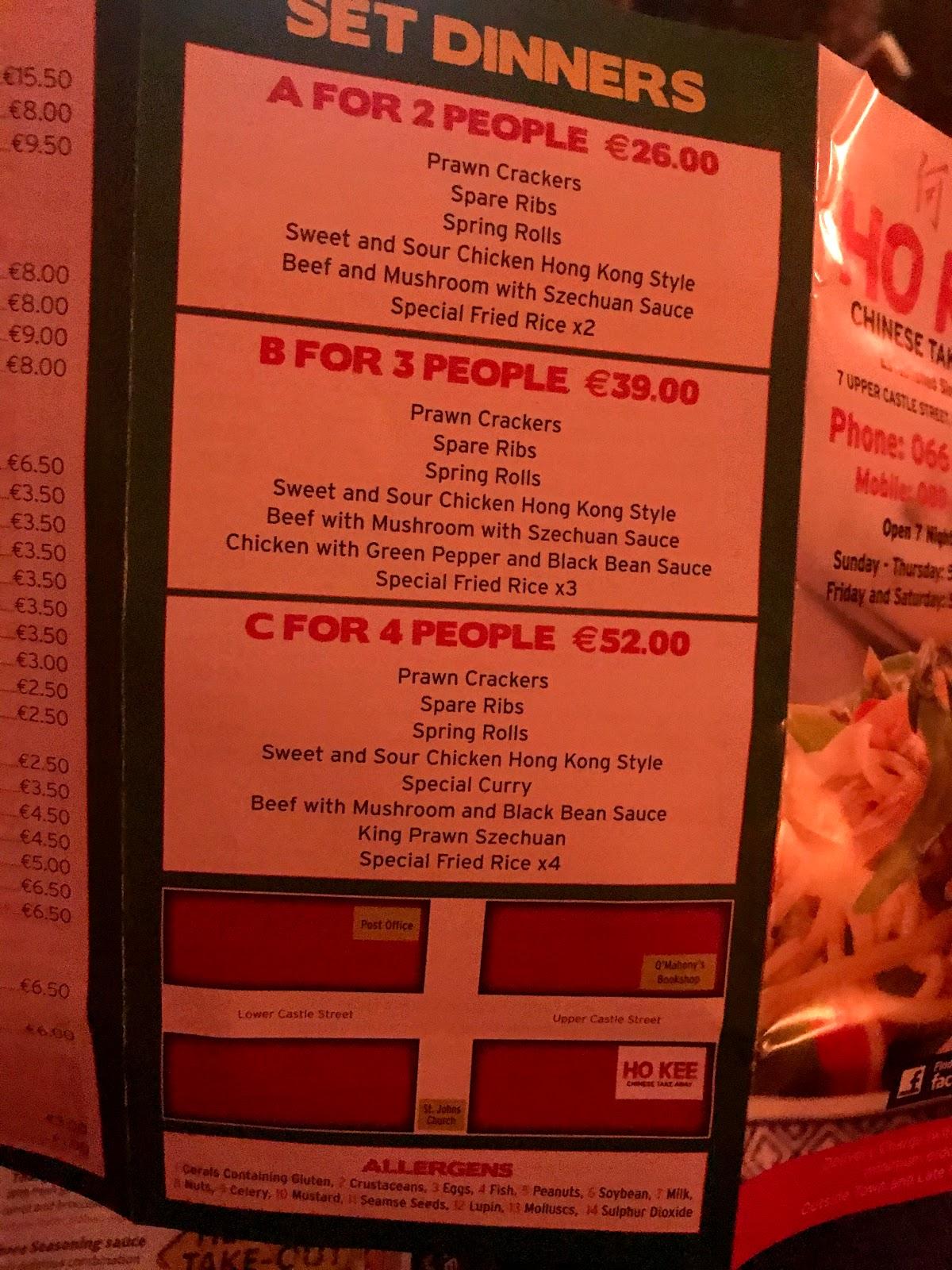 Menu at Ho Kee Chinese restaurant, Tralee