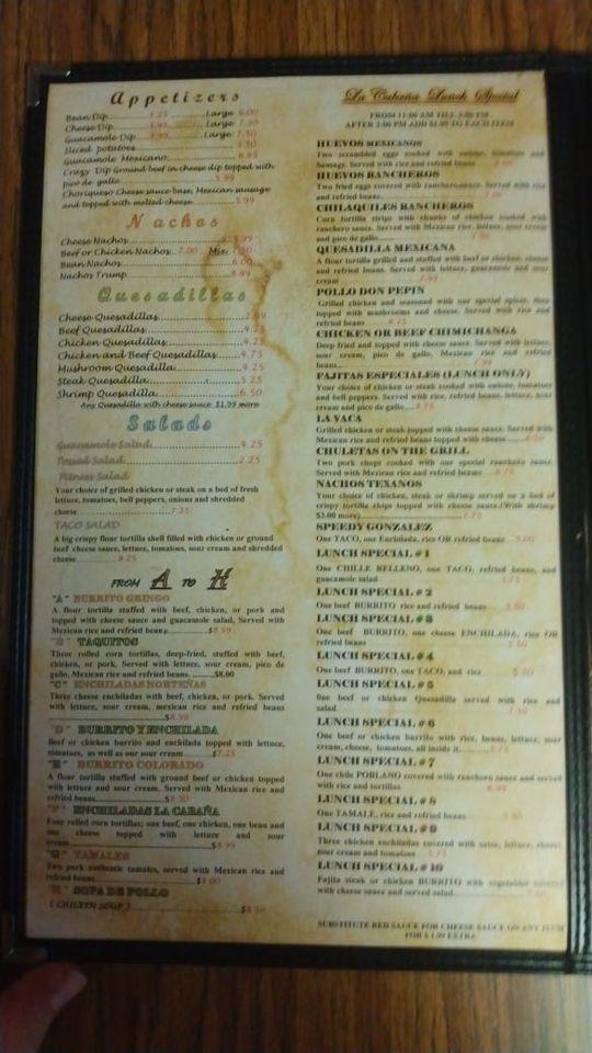 Menu at La Cabana restaurant, Snead