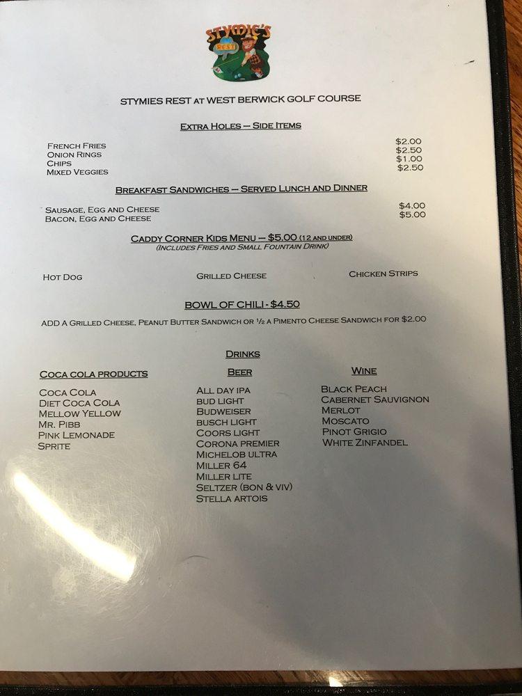 Menu at Stymie's Rest at West Berwick Golf Course pub & bar, Mount Carmel