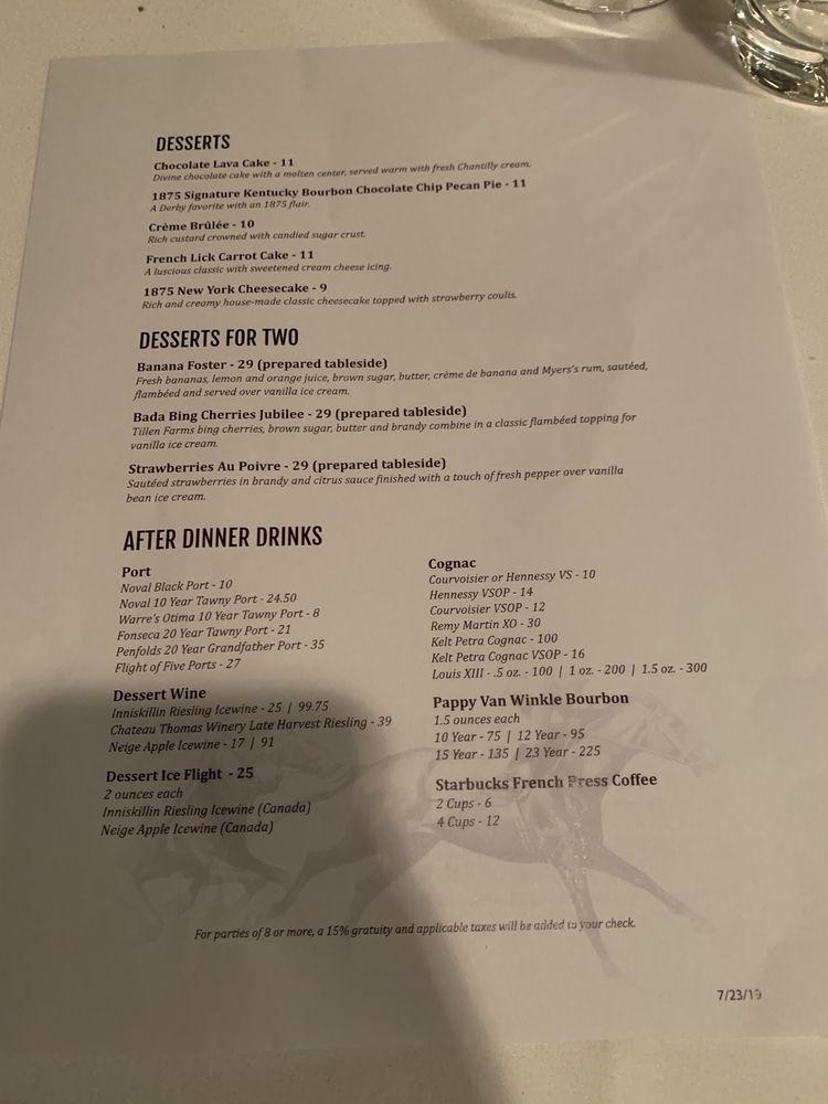 Menu at 1875: The Steakhouse, French Lick
