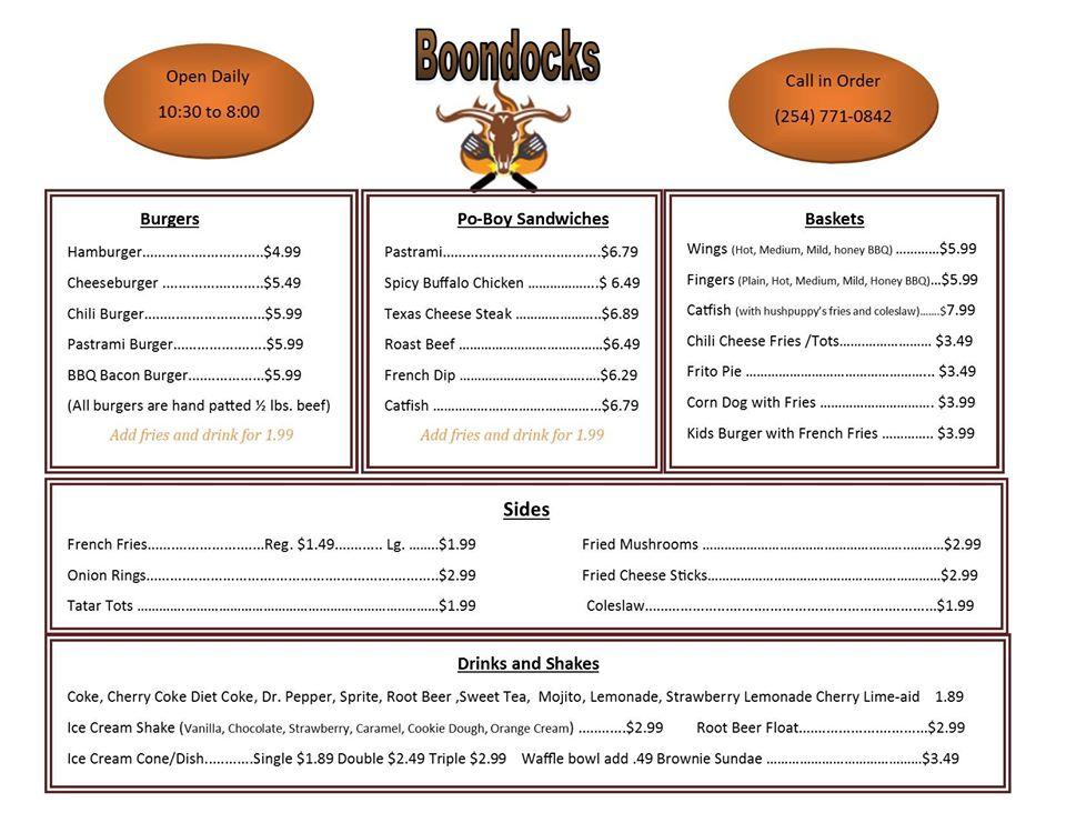 Menu at Boondocks Burger Joint restaurant, Morgan's Point Resort