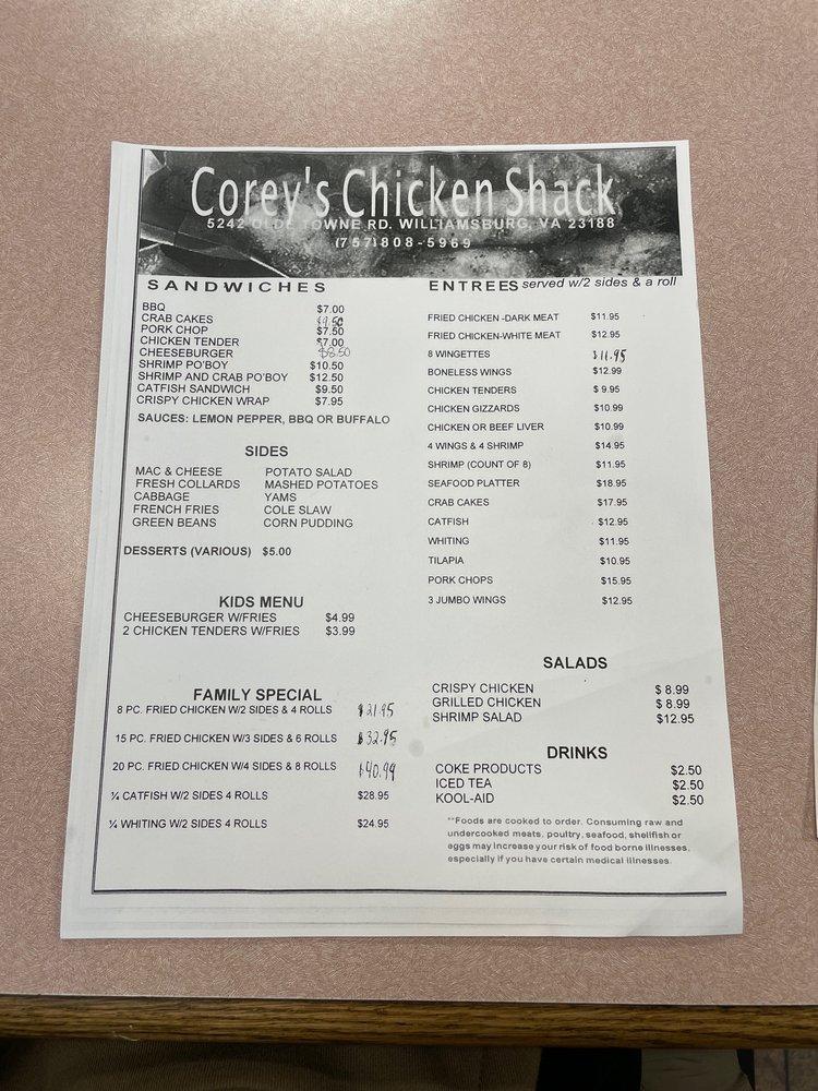 Menu at Corey's Chicken Shack restaurant, Williamsburg, Richmond Rd