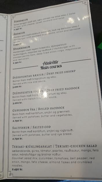 Menu at Höllin restaurant, Ólafsfjörður