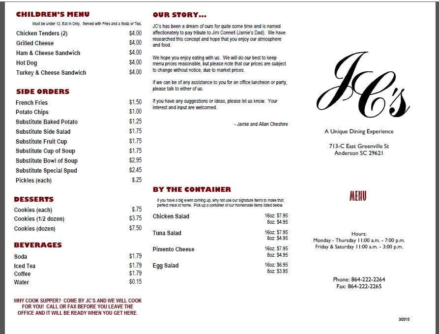 Menu at J C's Sandwich Shoppe restaurant, Anderson