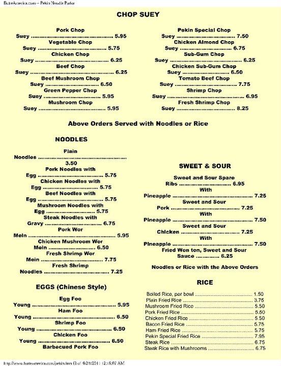 Menu at Pekin Noodle Parlor restaurant, Butte