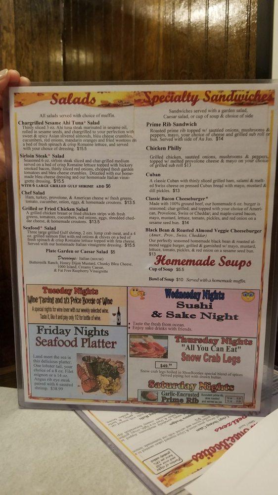 Menu at ShoeBooties Cafe, Murphy