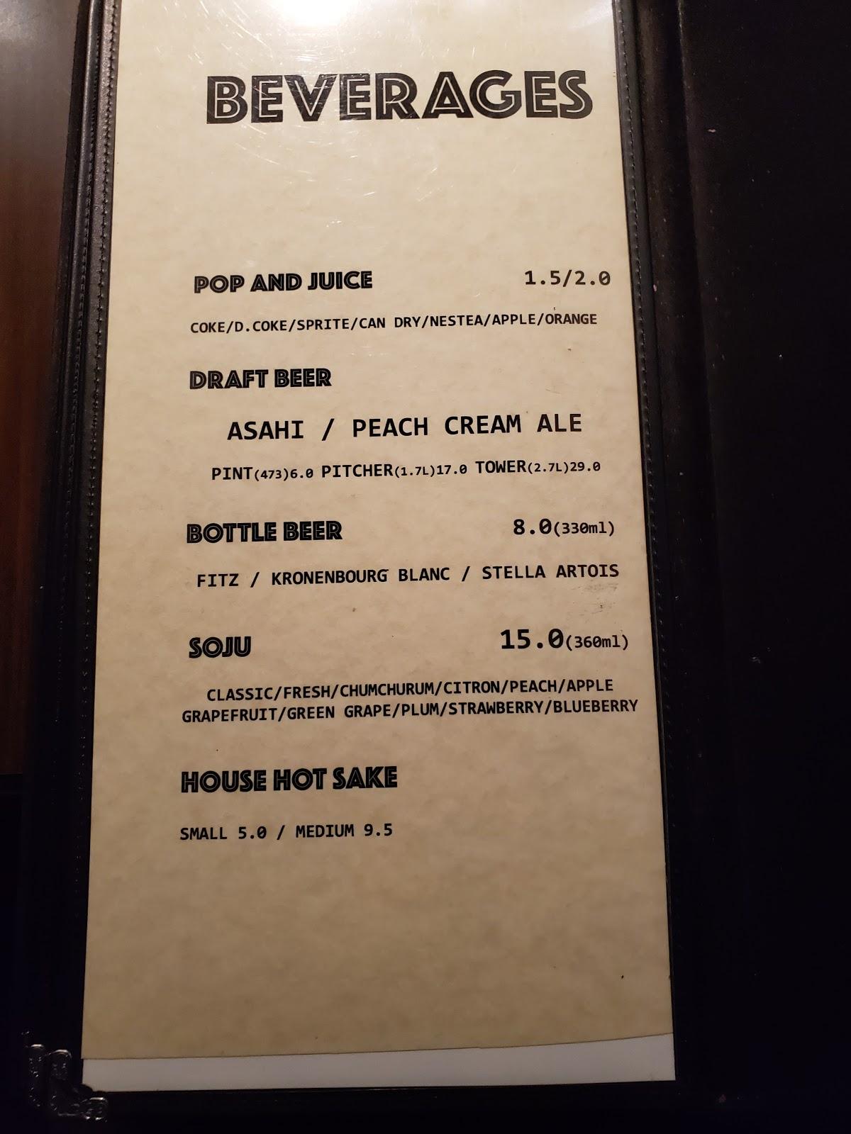 Menu at Sooda Korean BBQ, Burnaby