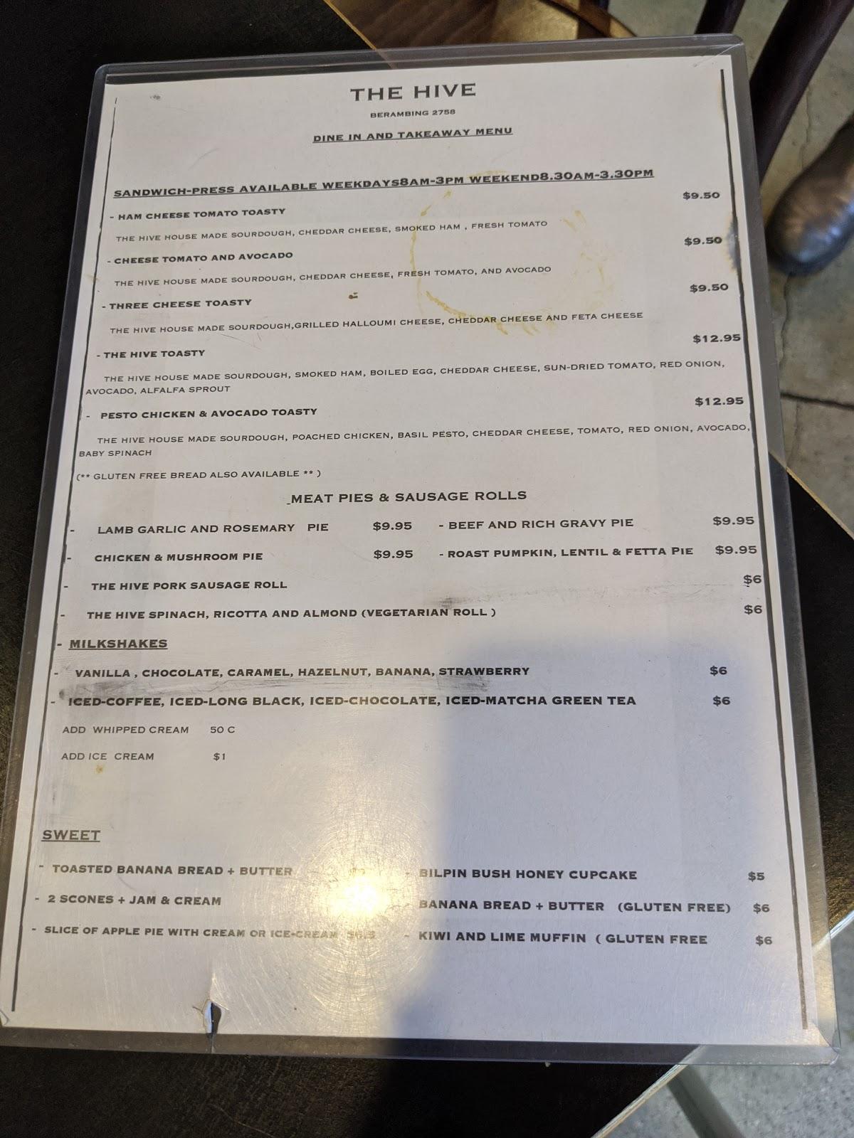 Menu at The Hive Berambing cafe, Berambing