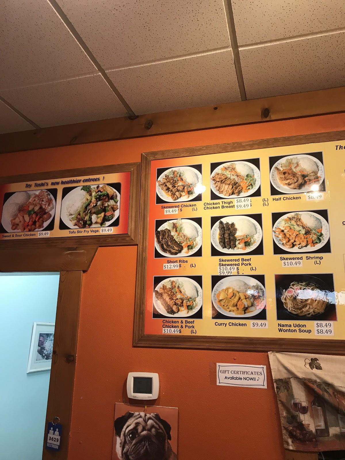 Menu at Toshi's Teriyaki restaurant, Kenmore