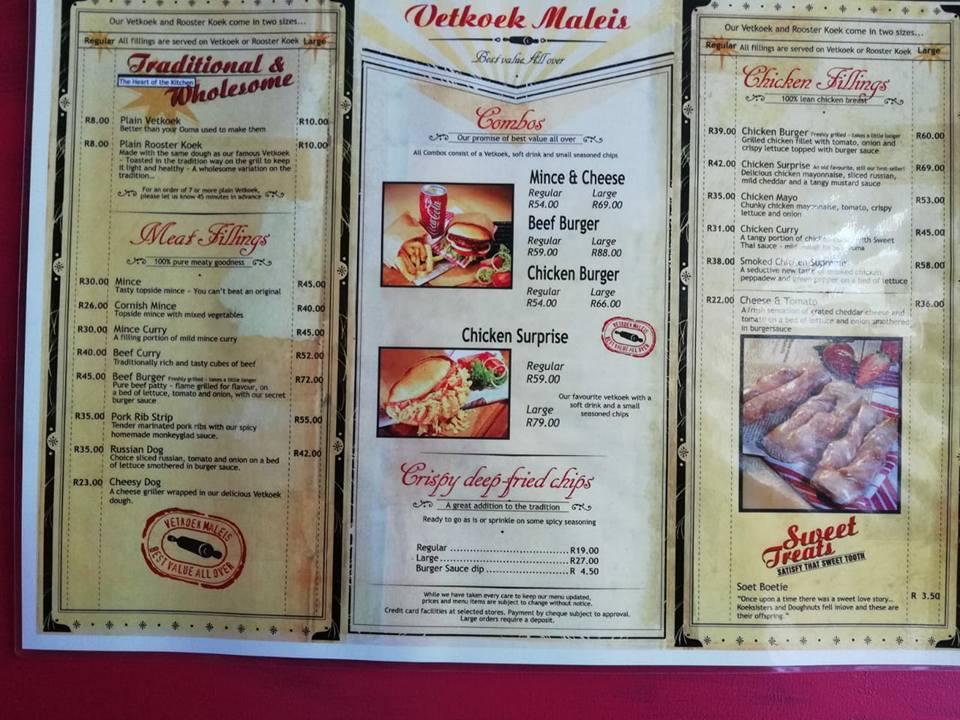 Menu at Vetkoek Maleis Centurion restaurant, Centurion, 9 Jakaranda St