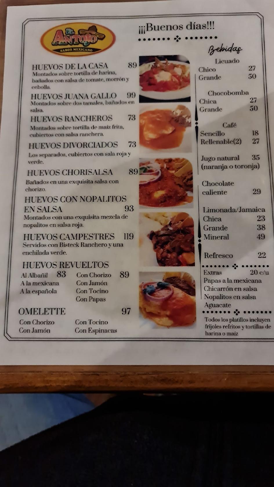 Carta del restaurante El Antojo Sabor Mexicano, Piedras Negras