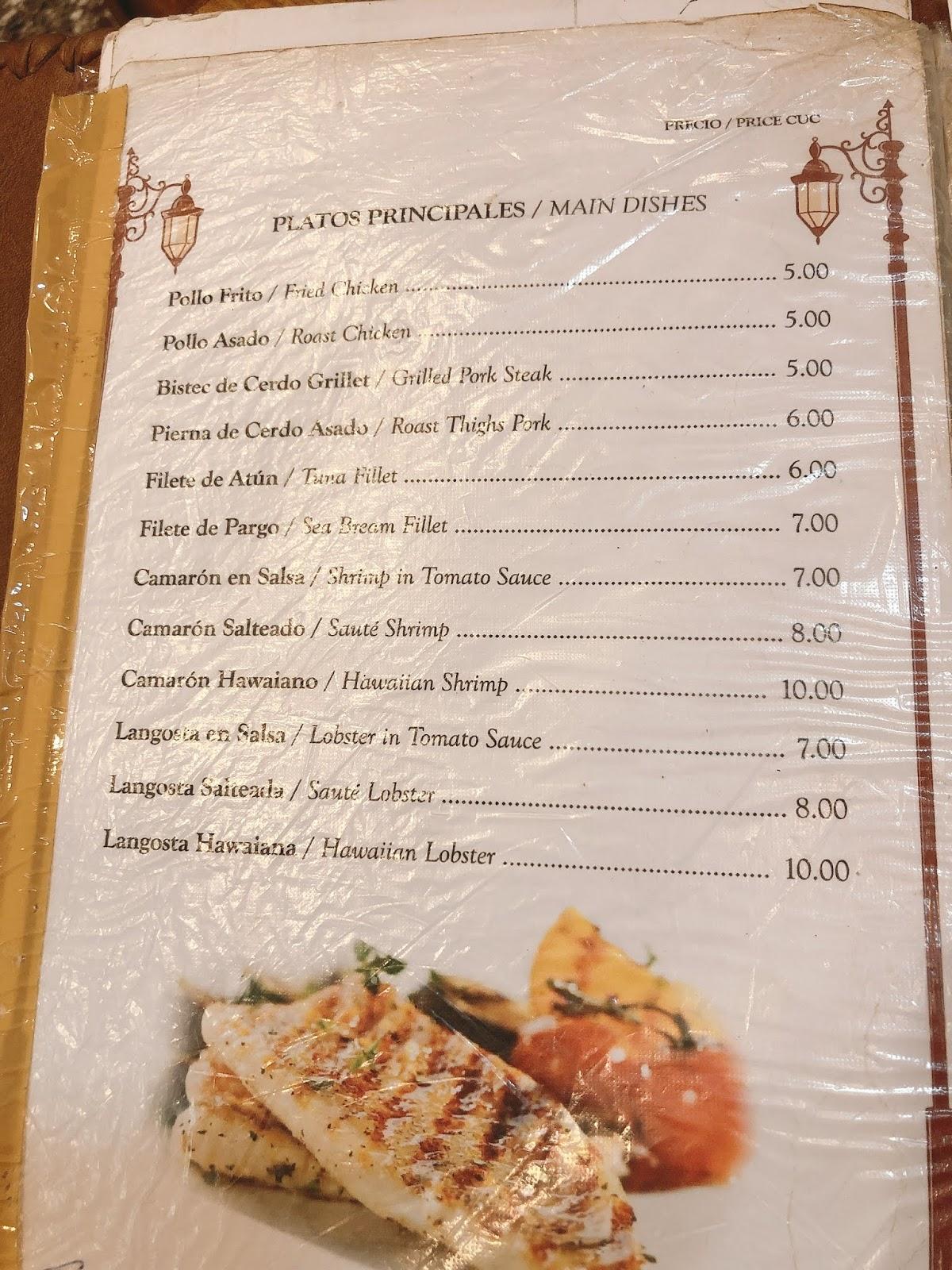 Menu at La Colonial restaurant, Vinales