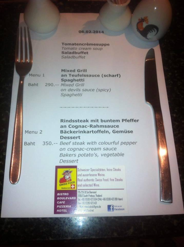 Menu at Swiss Food Restaurant and Hotel, Pattaya City