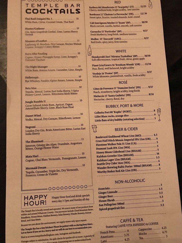 Menu at The Temple Bar, Bellingham