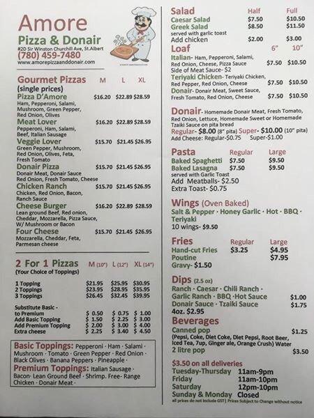 Menu at Amore Pizza and Donair pizzeria, St. Albert