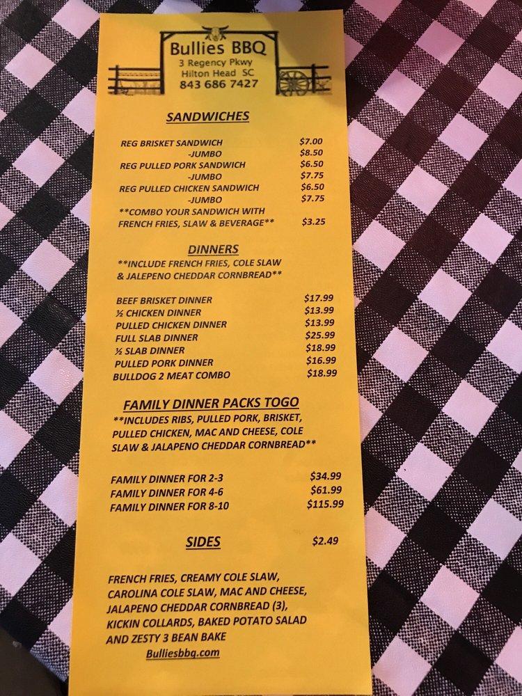 Menu at Bullies BBQ, Hilton Head Island