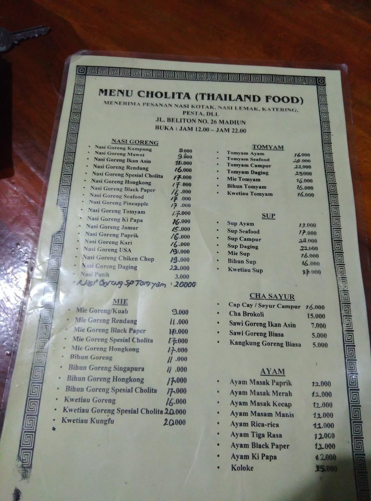 Menu at Cholita Thailand Food restaurant, Madiun