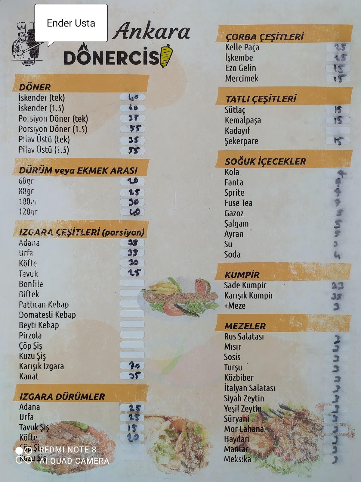 Menu at Ender Usta Ankara Dönercisi, Çeşme