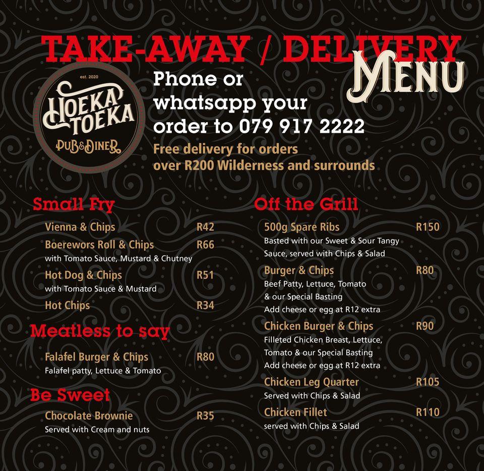 Carta de Hoeka Toeka Pub & Diner, Wilderness