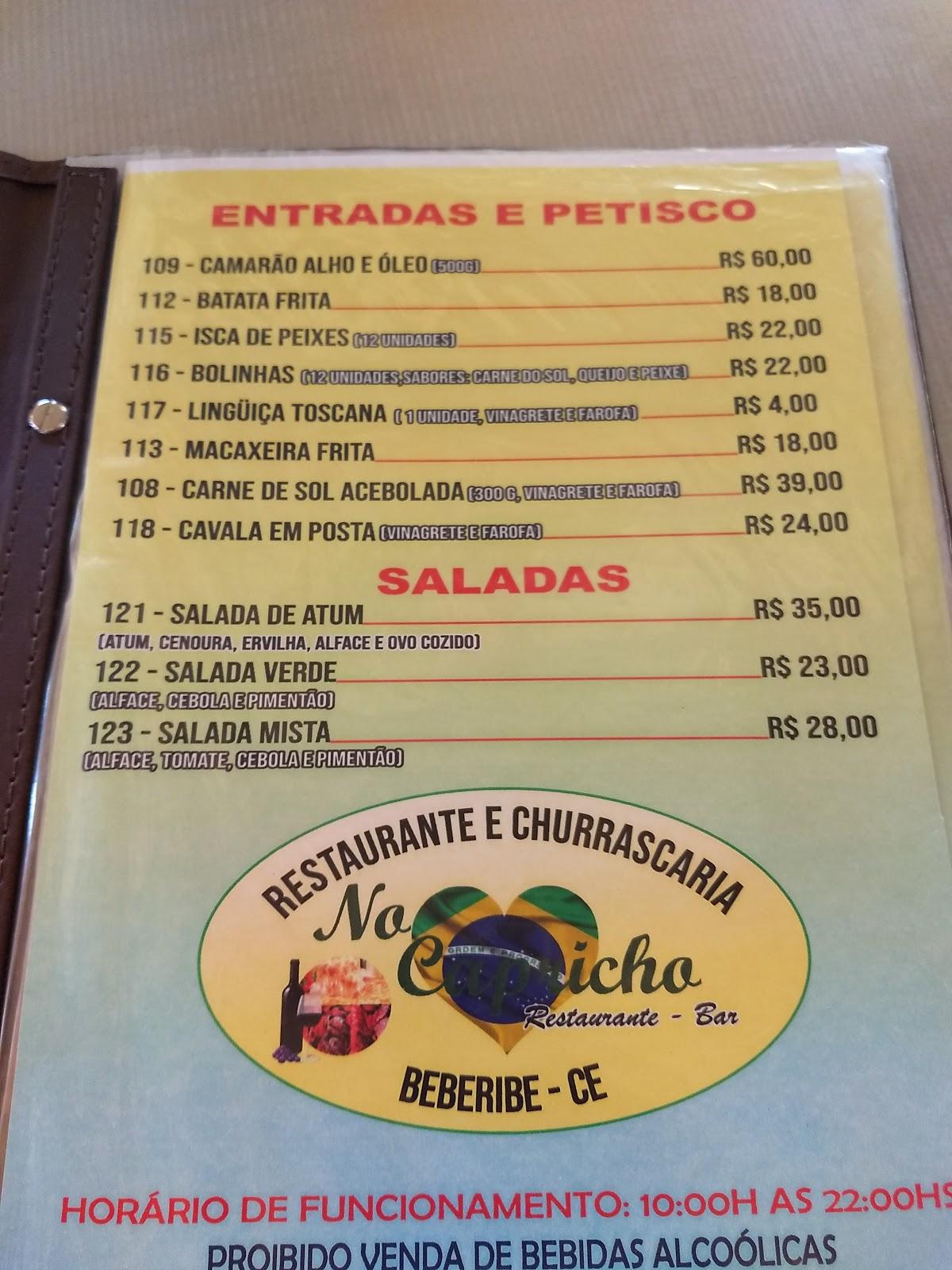 Carta de Restaurante No Capricho - Beberibe - Ceará, Beberibe