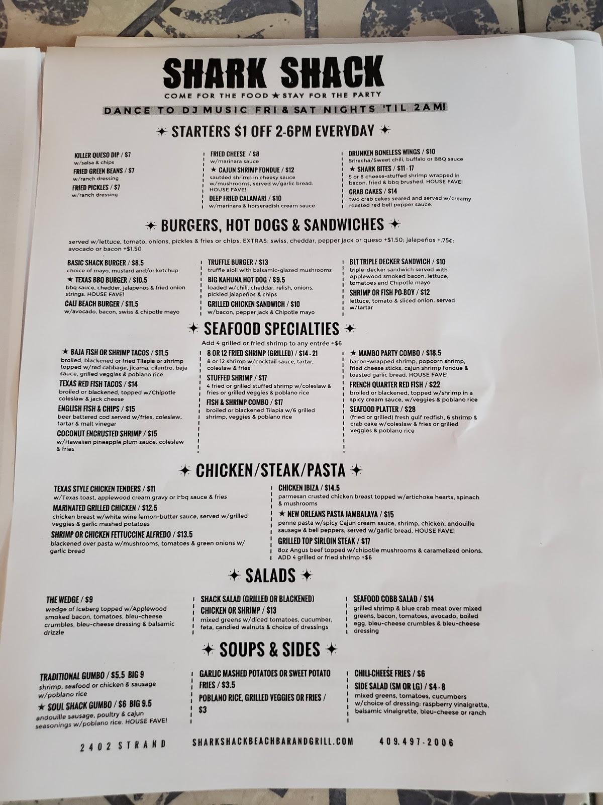 Menu at Shark Shack restaurant, Galveston