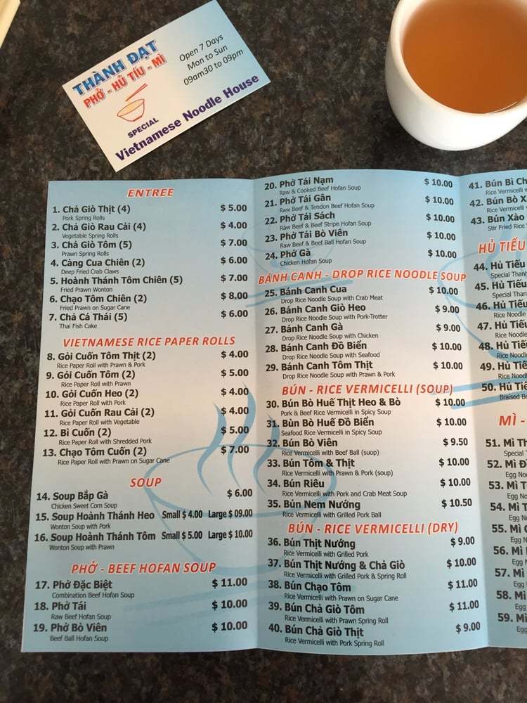 Menu at Thanh Dat restaurant, Morley, 2/4 Progress St